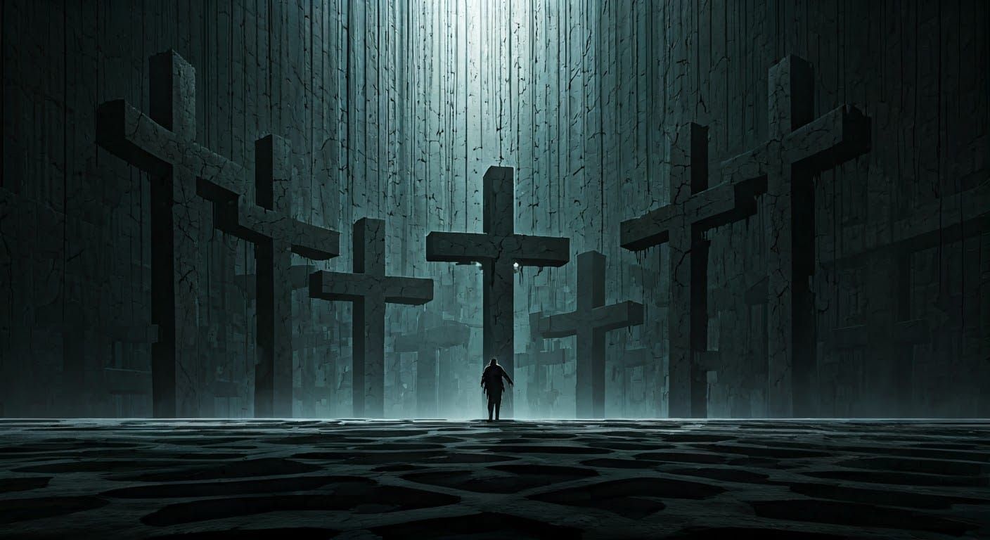 Ethereal Abyss: Inverted Crosses in a Boundless Ch... - AI Art