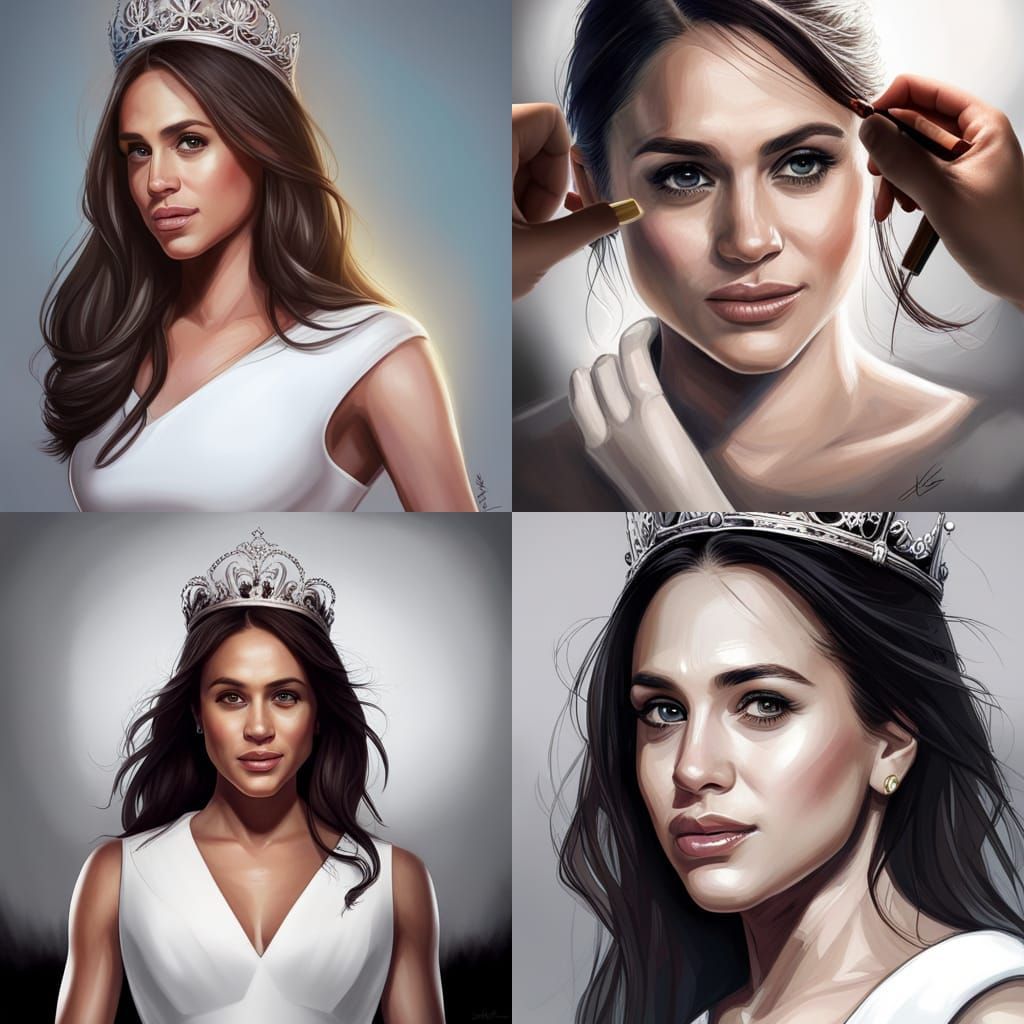 Draw Meghan Markle as a Princess with a crown in a white dress head and ...