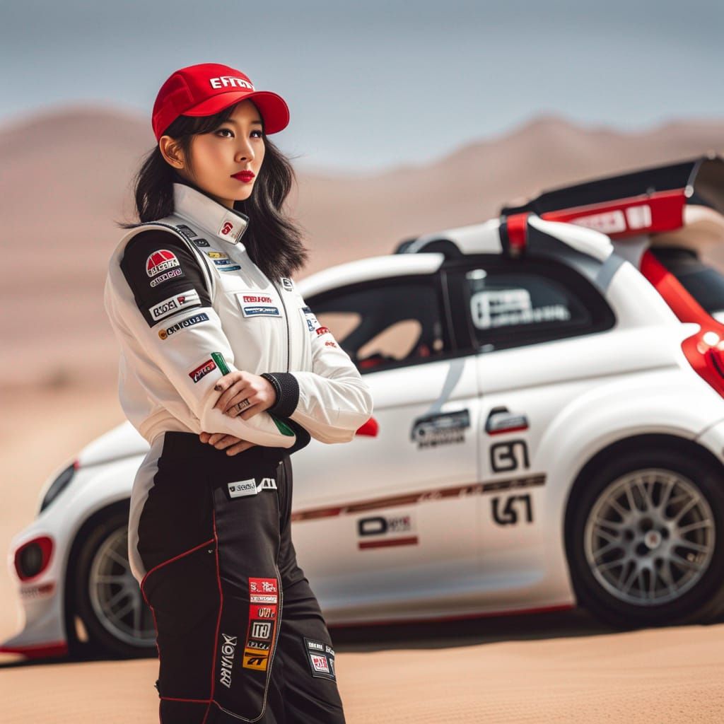 An attractive Asian female [realism] rally car driver leaning against a ...