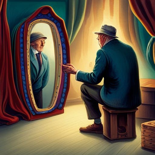 Old man looking in the mirror, telling his younger self what to expect ...