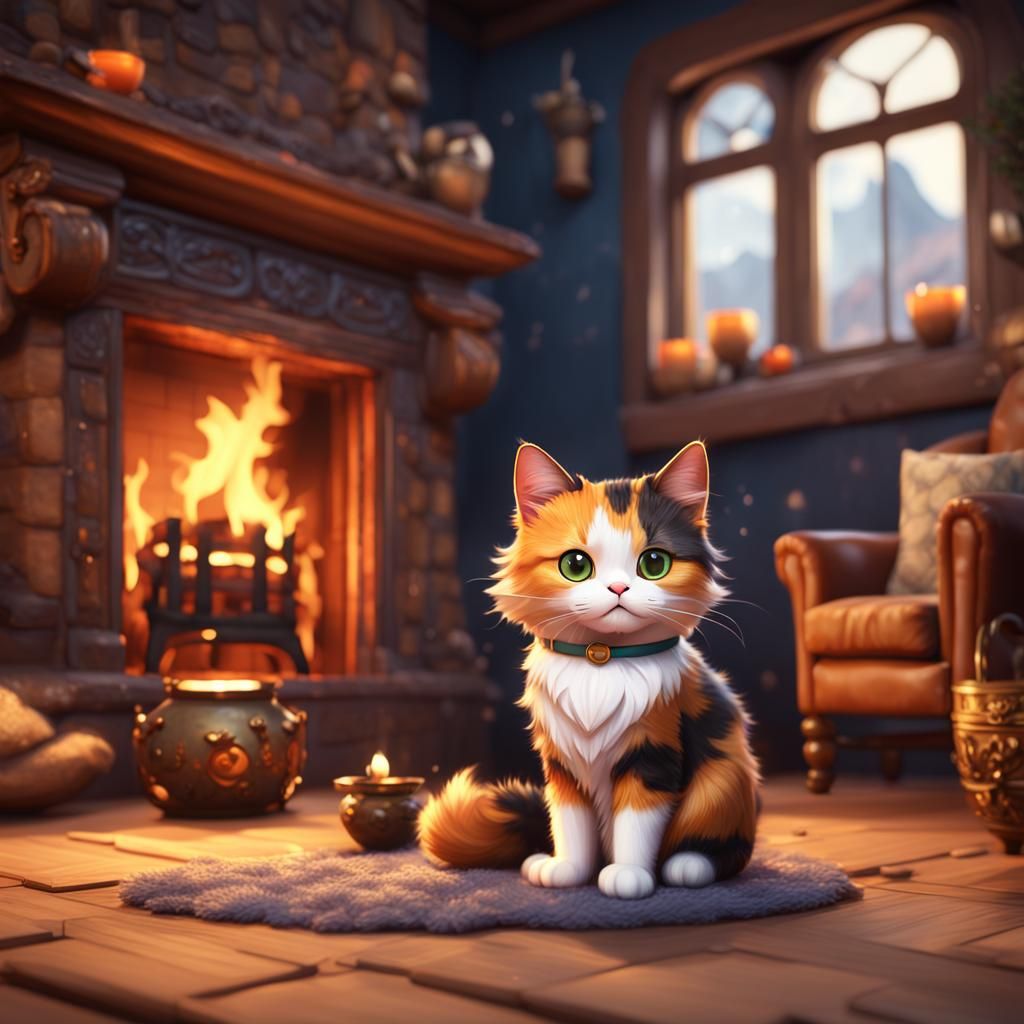 Chibi calico cat in front of a fireplace - AI Generated Artwork ...