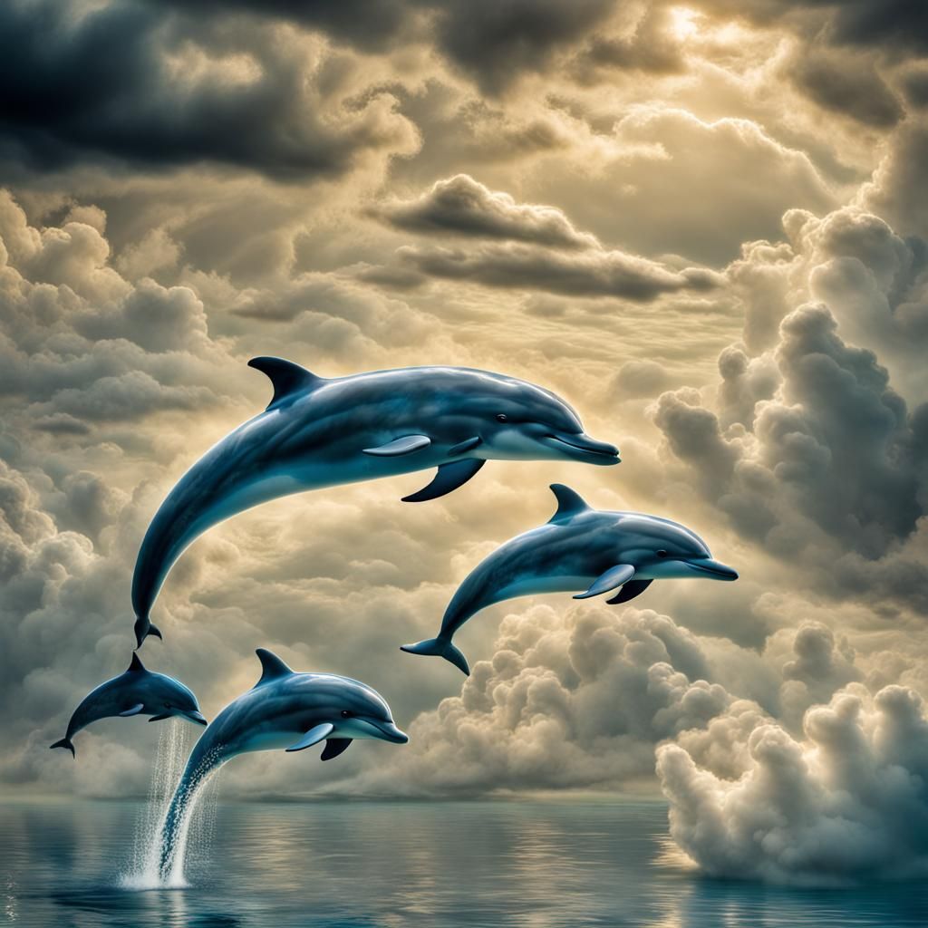 Dolphins made of clouds, intricate details, beautifully shot, a ...