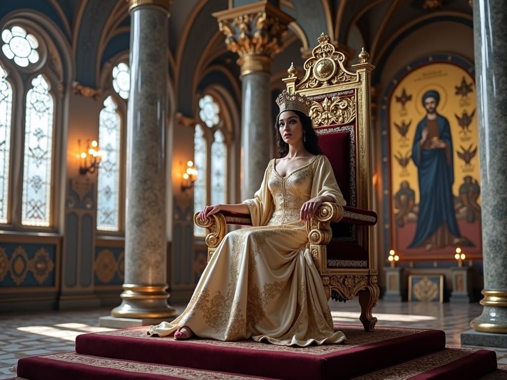 a majestic Byzantine queen in a grand throne room, surrounded by ...