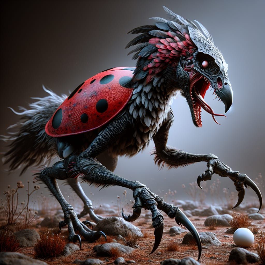 A majestic, stylized creature, hybrid of a dinosaur and ladybug.