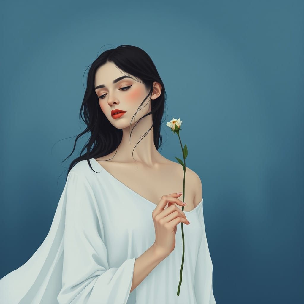 "Sad Woman with a Flower" - Ethereal Woman in Moonlit Landsc...