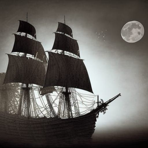 A medium shot A ghost pirate ship with worn weathered sails with 3 mast ...