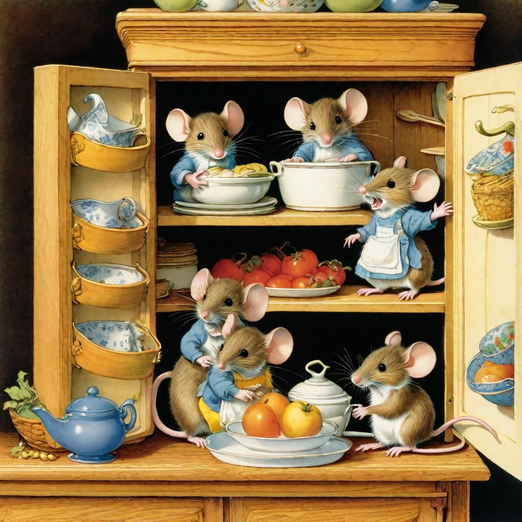 by Jan Brett, a storybook illustration of a happy mouse family in a ...