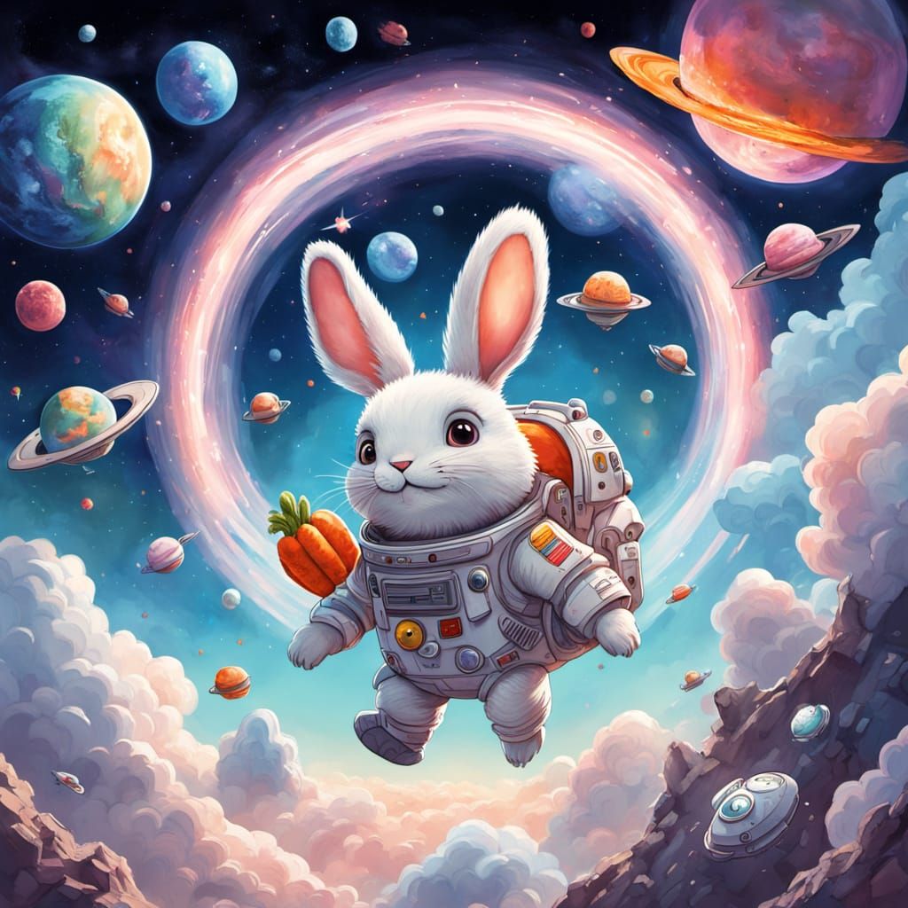 Whimsical Bunny Space Pilot in a Cotton Candy Nebu... - AI Art