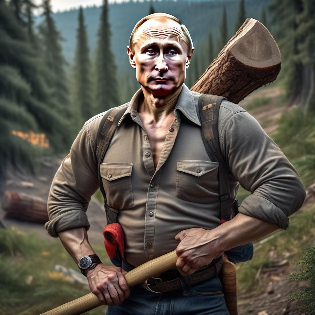 Hyperrealistic top less muscle Vladimir Putin has a timber lumberjack ...