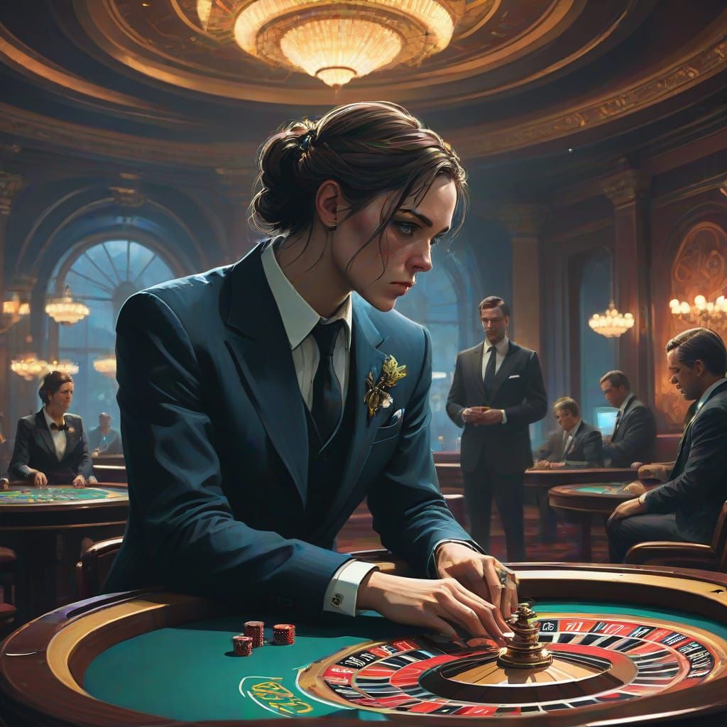 Tense Gamblers at the Roulette Wheel - AI Art