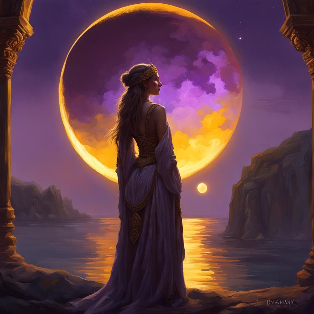 Oil painting of a young priestess outside staring at the moon eclipse ...