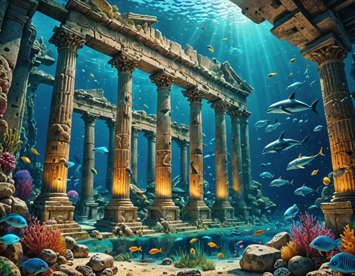 Underwater view of a huge fantastical glowing undersea Ancient greek ...