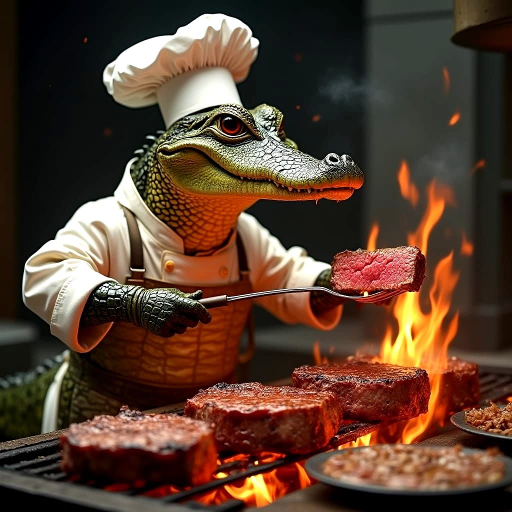 Hot off the grill!! - Chef Alligator Flips Sizzling Steaks i...