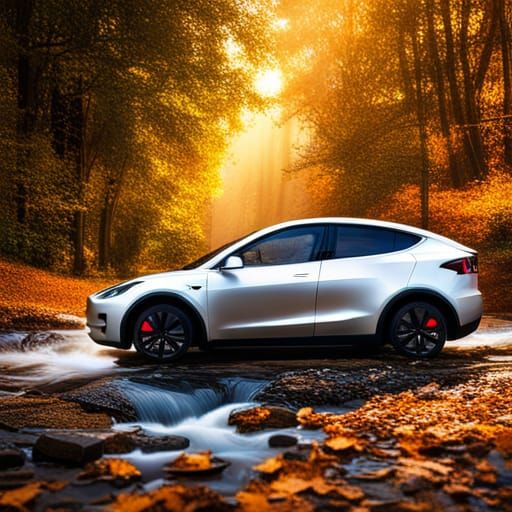 Tesla Model Y by a breathtakingly beautiful waterful with amazing trees ...