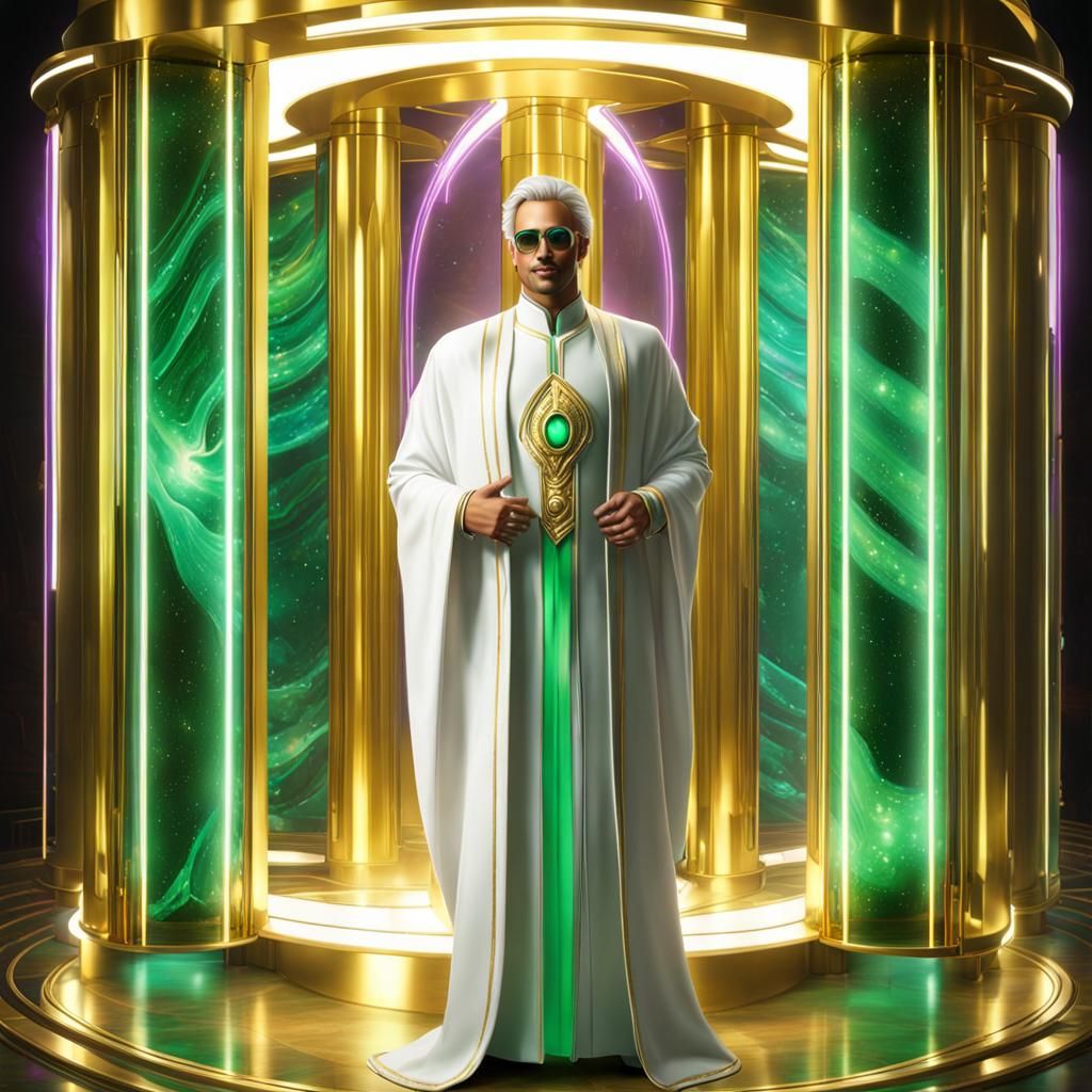 Atlantean prince Emil Amiratar, white Robe with gold trim smile ...