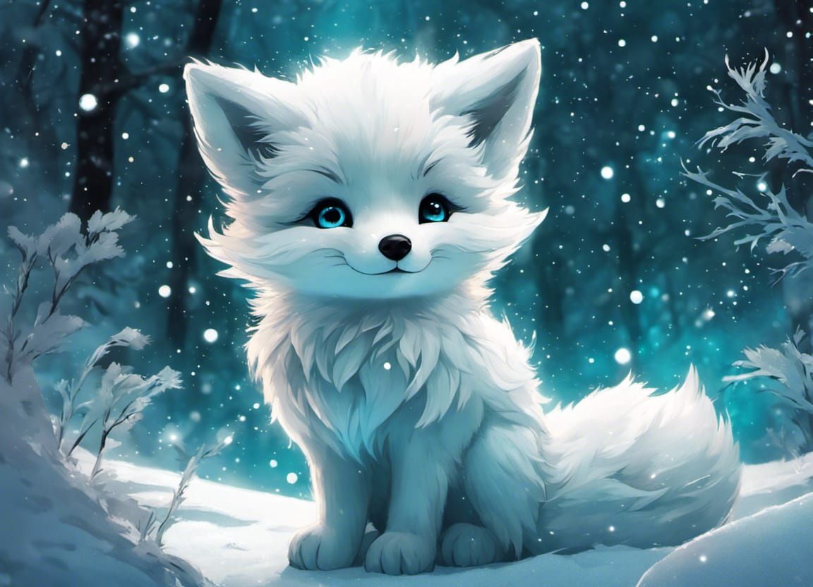 adorable cute fluffy baby chibi little baby snow fox in frozen forest ...