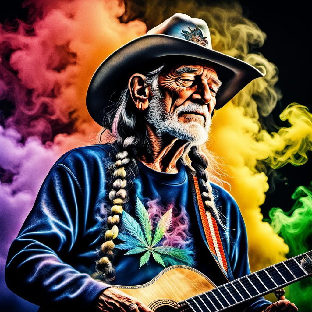 Willie Nelson in a haze of rainbow smoke and cannabis - AI Generated ...