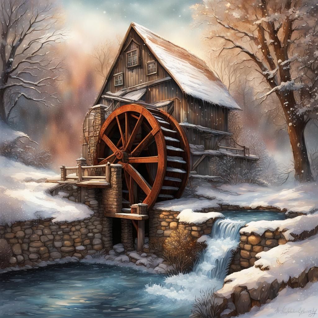 Waterwheel Frozen - AI Generated Artwork - NightCafe Creator