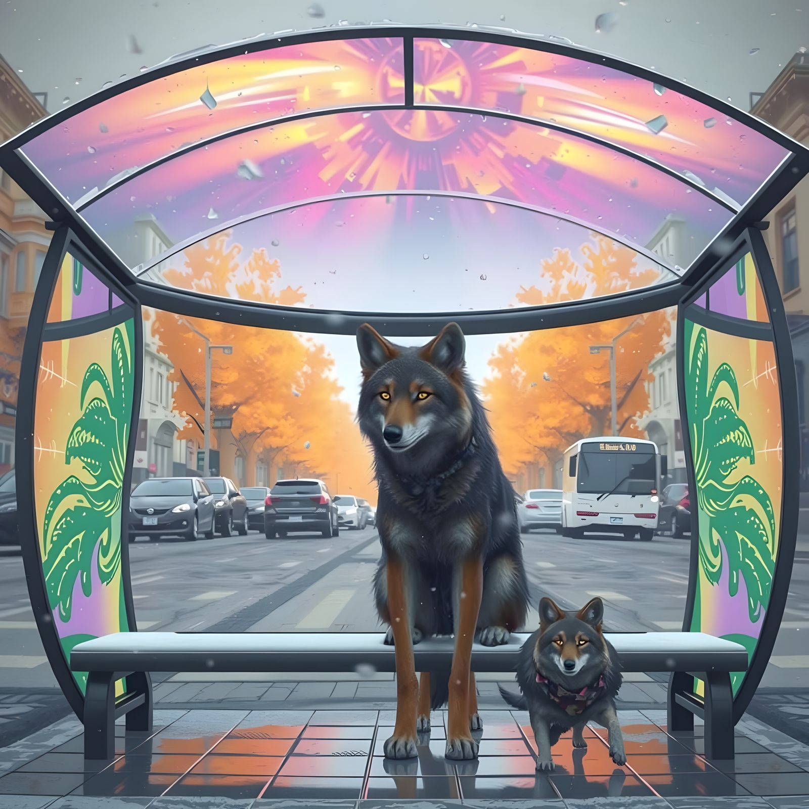 "Coyote's at The Bus Stop" A thin scruffy coyote sits on a bench in ...