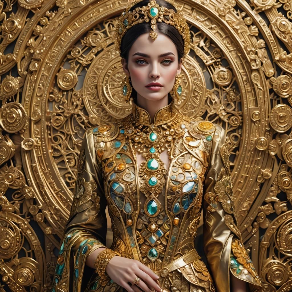 Realistica beautiful woman wearing intricately detailed gold colorful clothing jelewery and ...