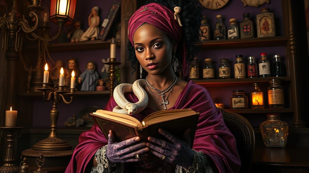 Majestic Voodoo Queen Portrait in Traditional Hood... - AI Art