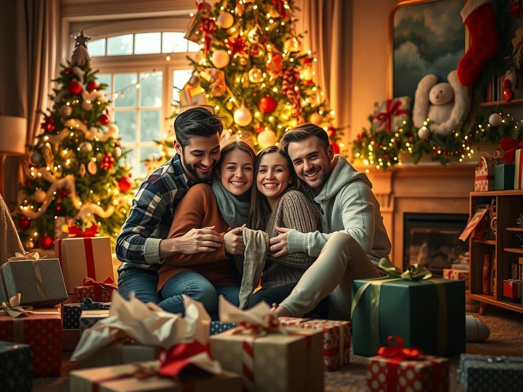 Christmas morning hug portrait - Warm Retro-Futuristic Chris...