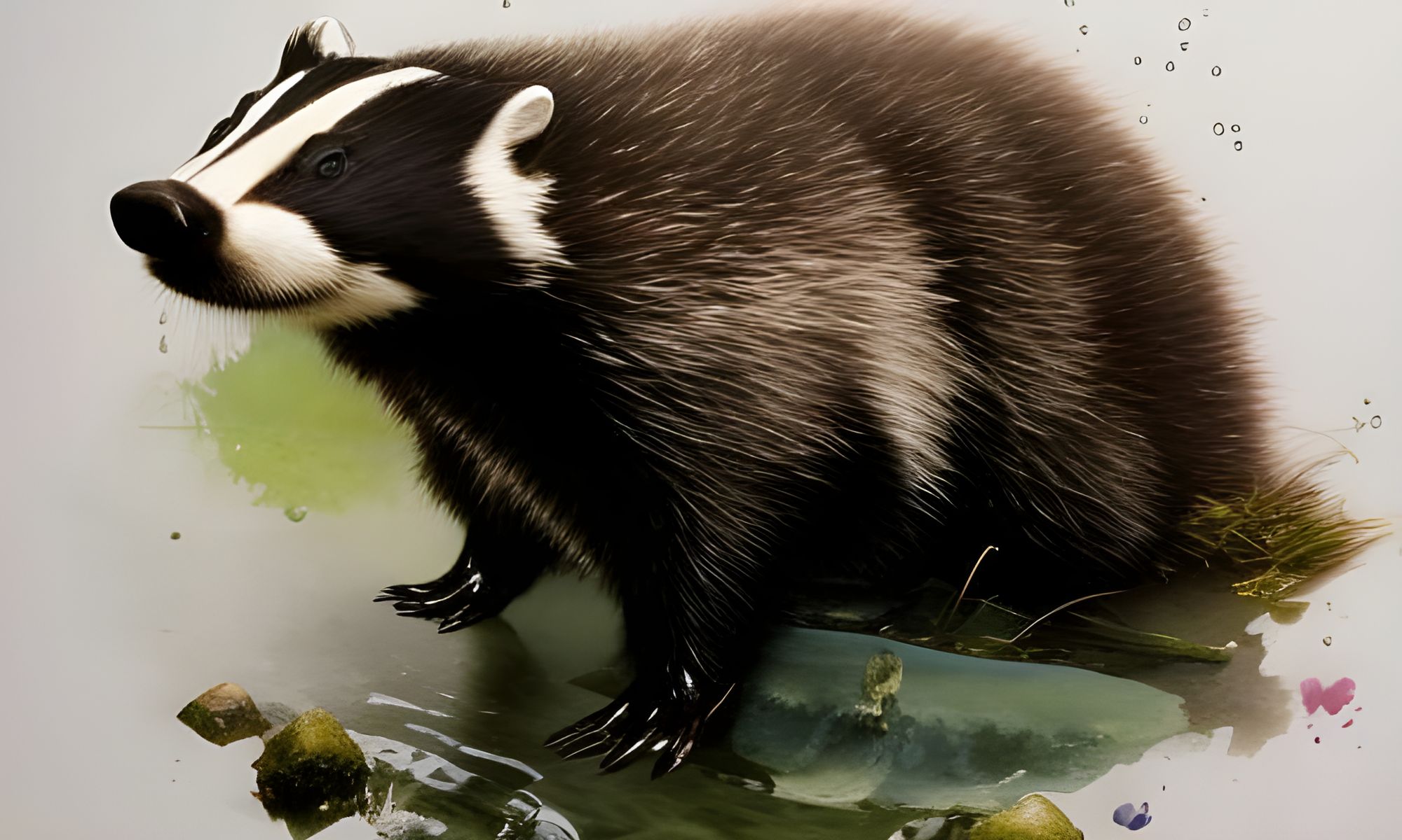 Black and White Badger in Water Puddle : r/nightcafe