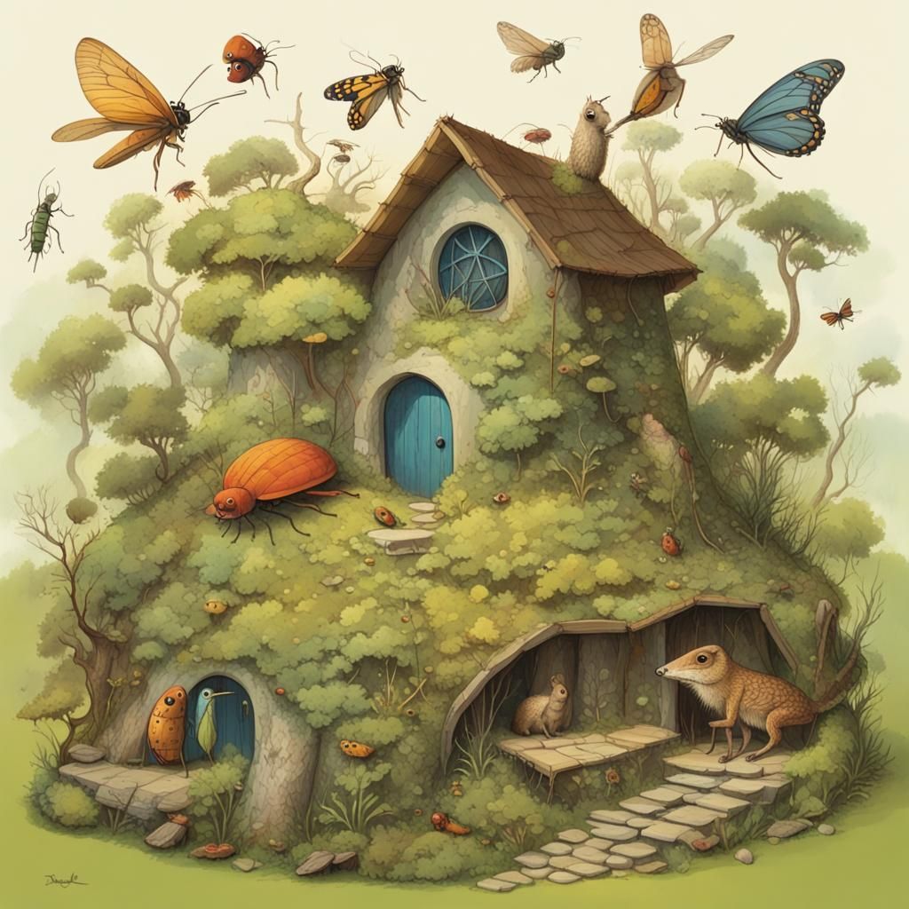 Imaginative depictions of habitats or shelters where various creatures ...