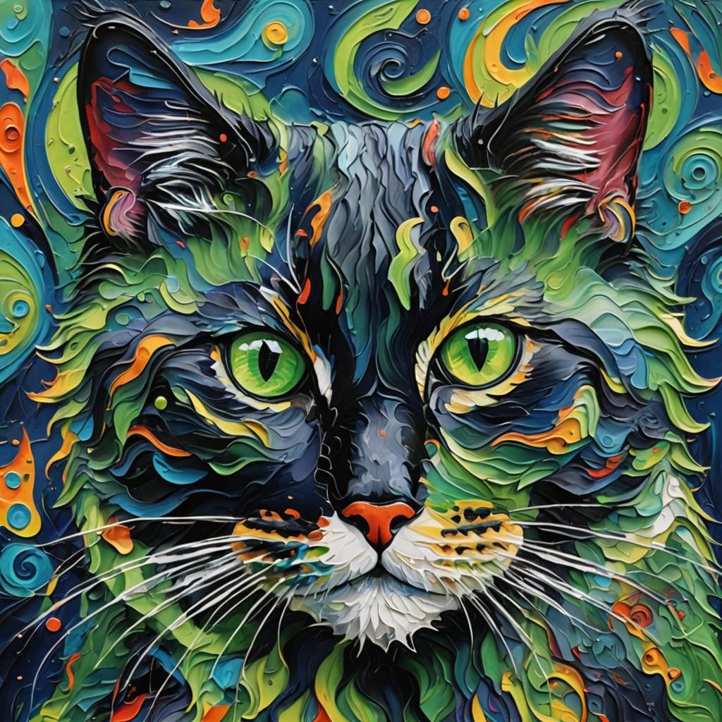 An abstract impasto painting of a close-up cat with striking green eyes ...