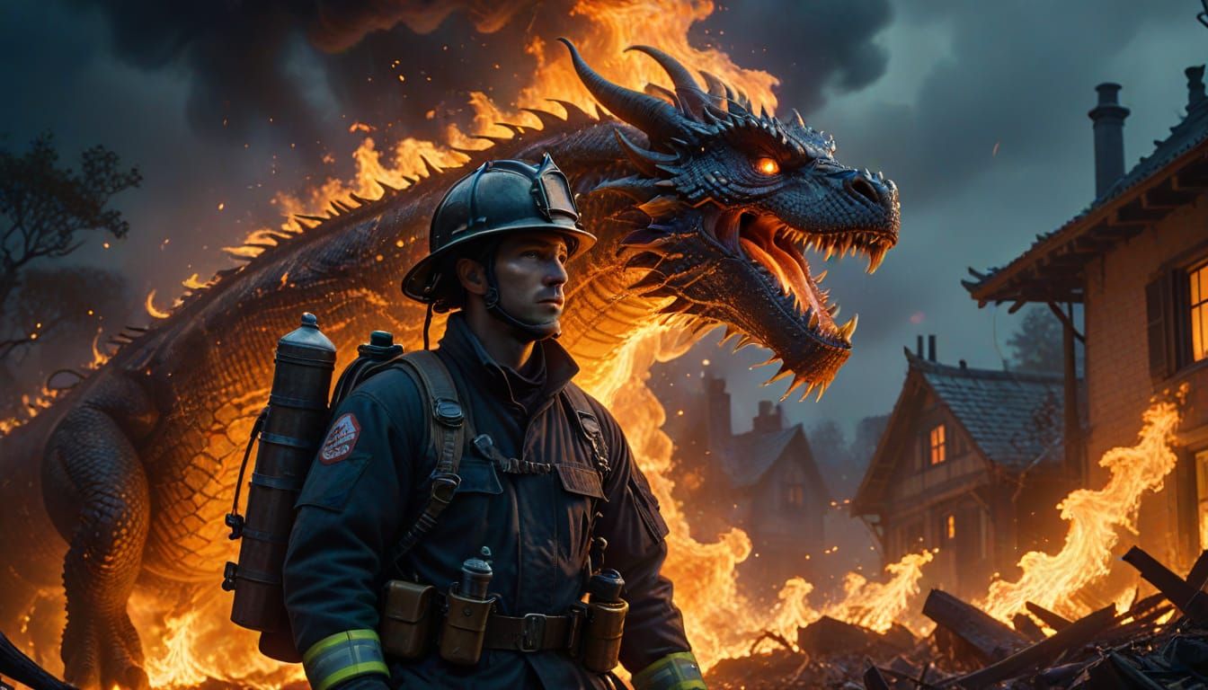 Epic Fantasy Firefight in a Burning House - AI Art