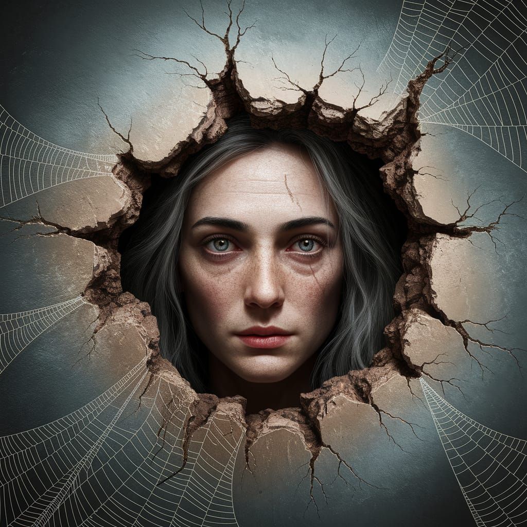 Cobweb-Covered Portrait in Decaying Brickwork - AI Art