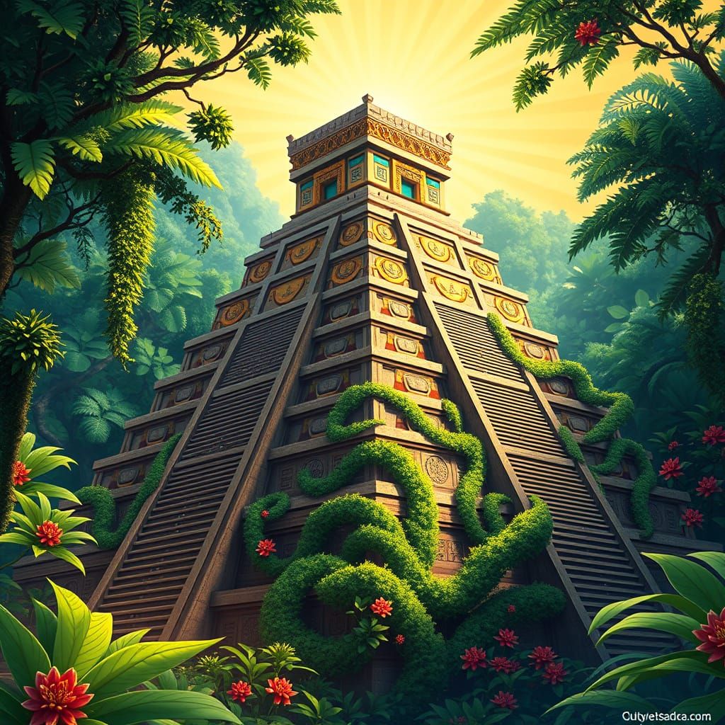 Ancient Aztec Pyramid Shines in Emerald Jungle - AI Art
