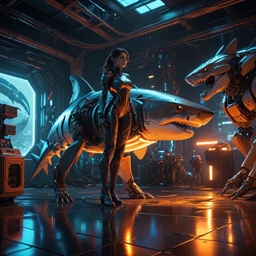 Anthro Shark Girl Amidst Futuristic Machines in Ne... - AI Art