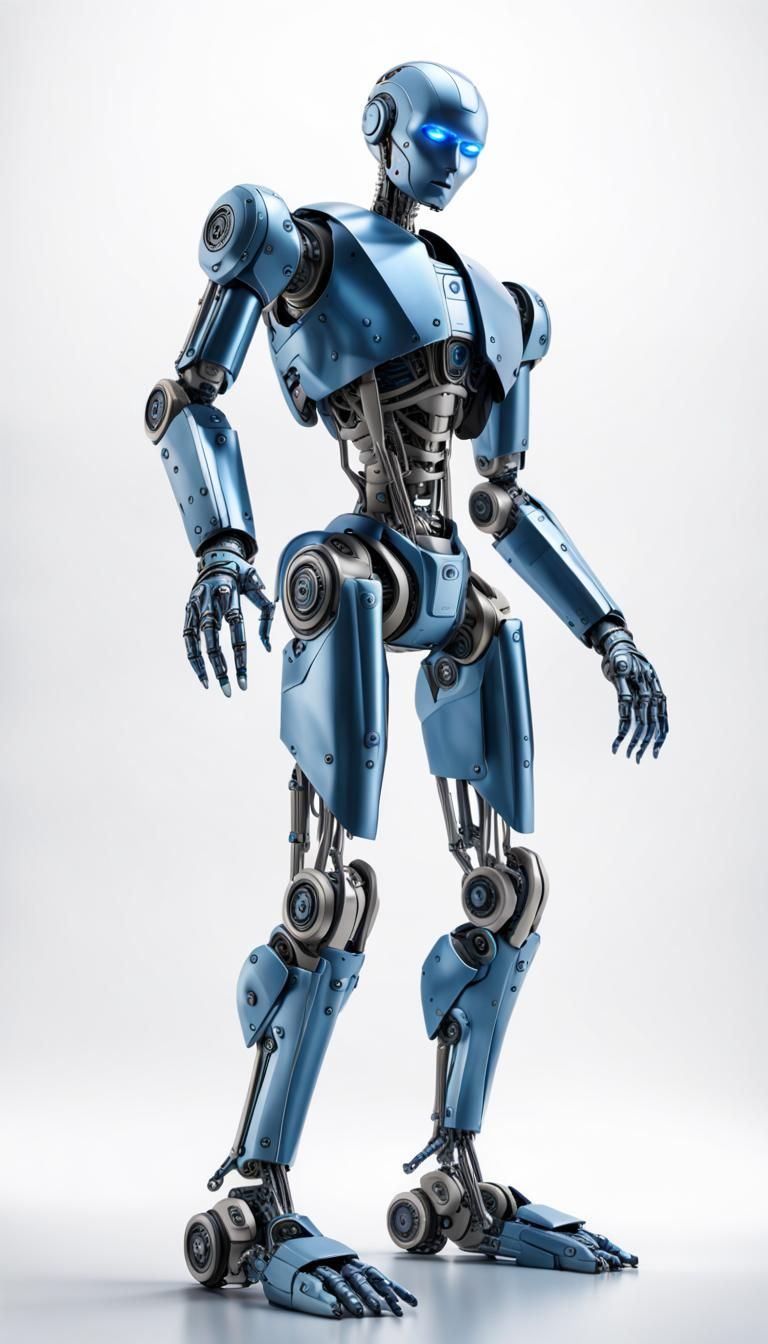 sad dystopian android robot, titanium and blue, full body shot, arms ...