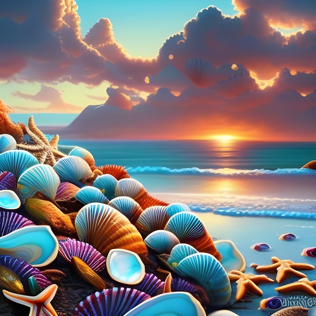 Seashells and starfish at the beach - AI Generated Artwork - NightCafe Creator