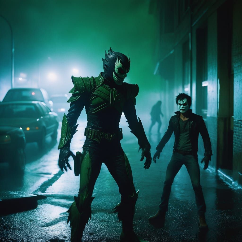 Gritty Green Psycho Ranger Battles Ryuk in Dark Al... - AI Art