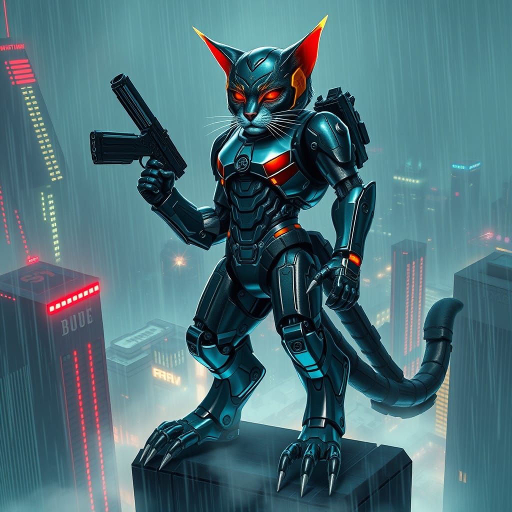 terminator style cat with weapons - Cyborg Cat Strides throu...