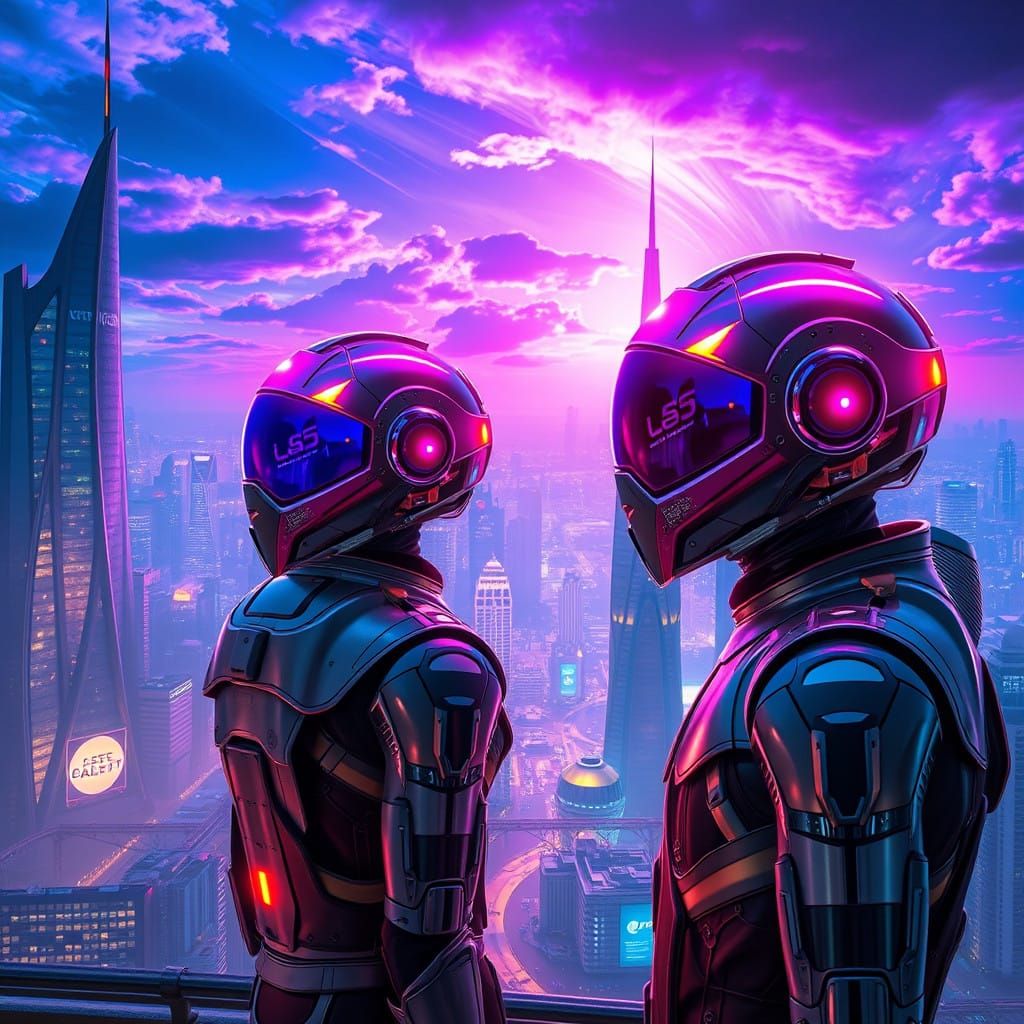 Future Humans Explore Neon Metropolis in Iridescen... - AI Art