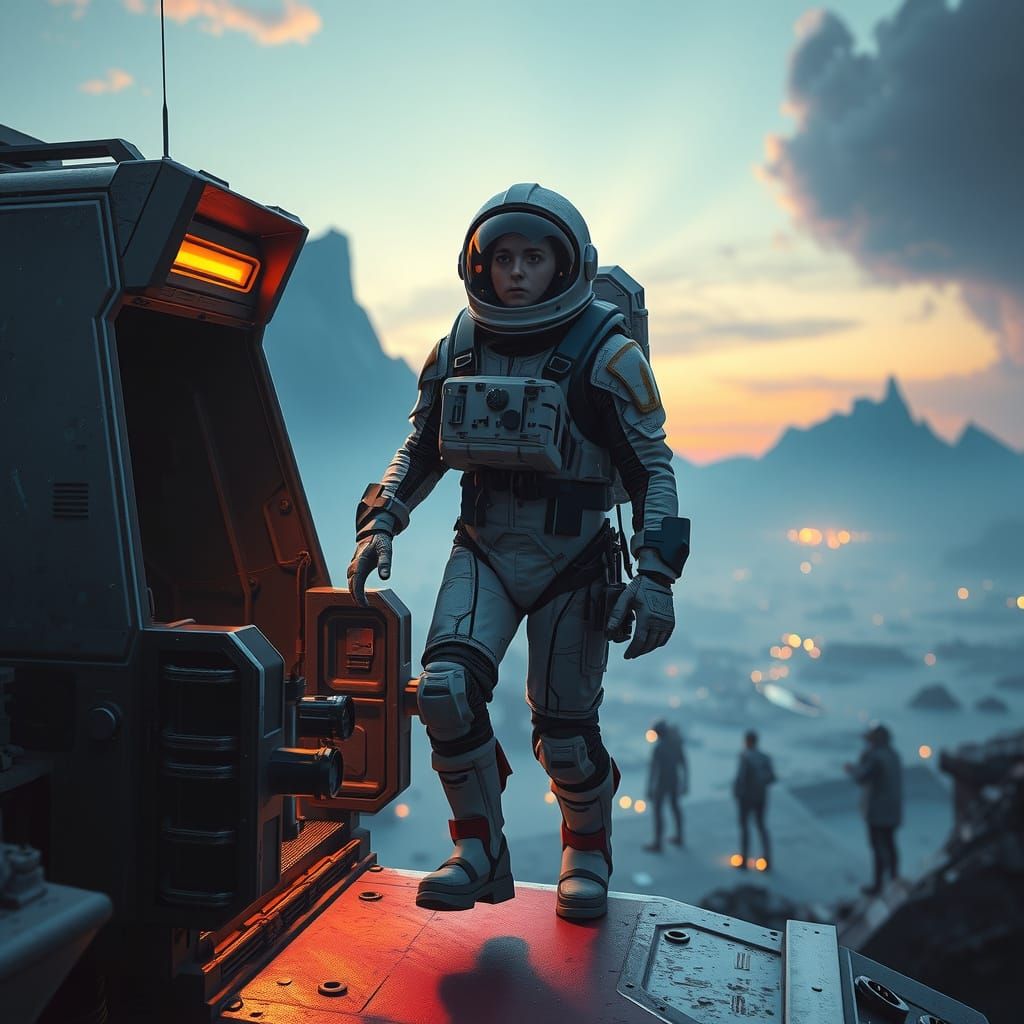 Sci-fi concept art of a lone explorer in a spacesuit stepping off a ...