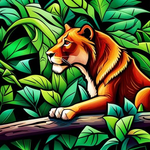 Lioness peeking out of Rousseau-ian jungle - AI Generated Artwork ...