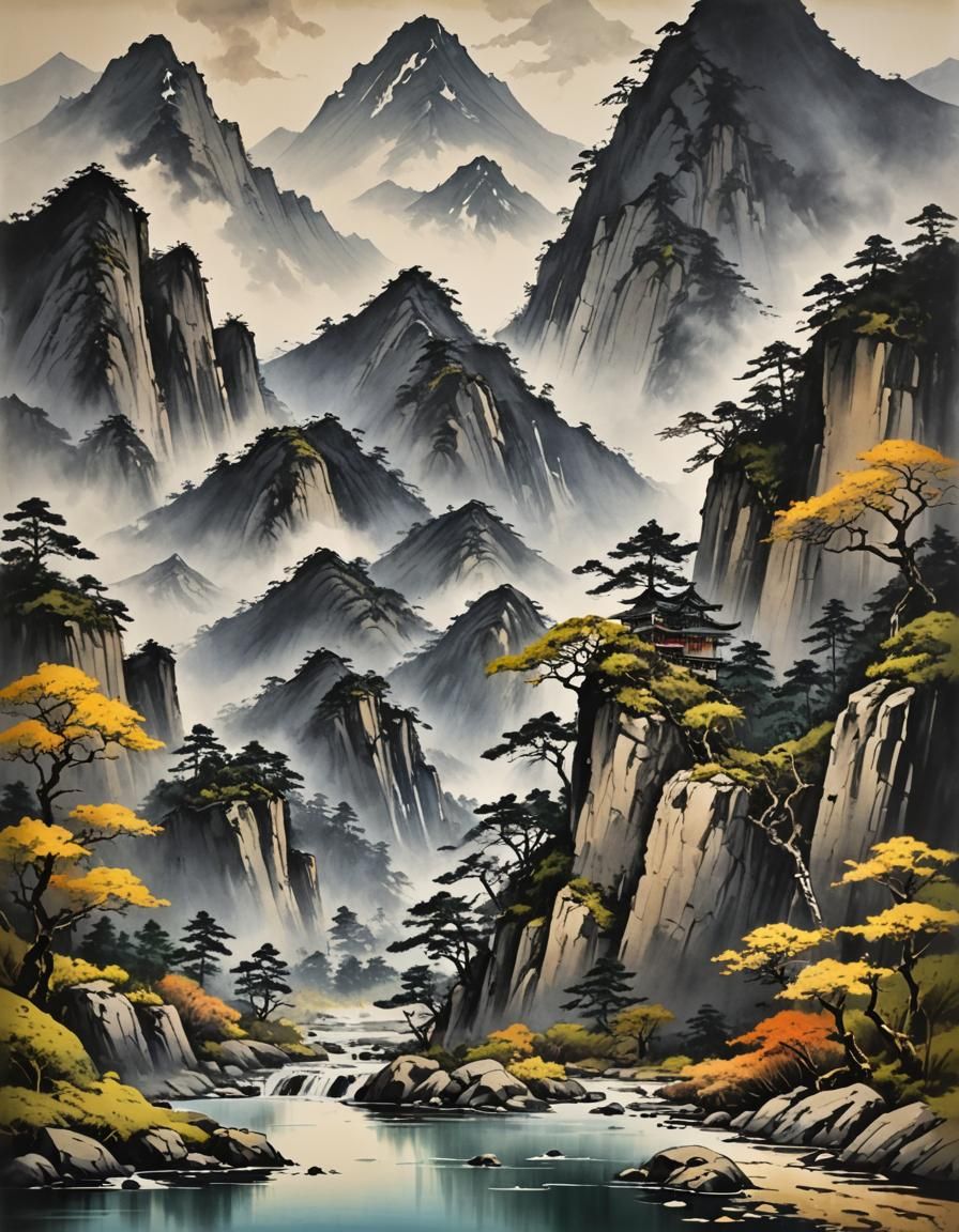japanese traditional ink art mountains zen - AI Generated Artwork ...