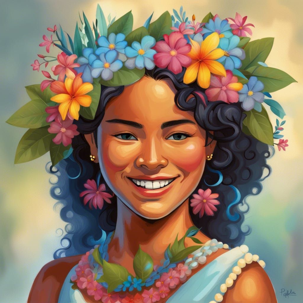 Smiling samoan princess with brightly colored flowers in her hair and ...