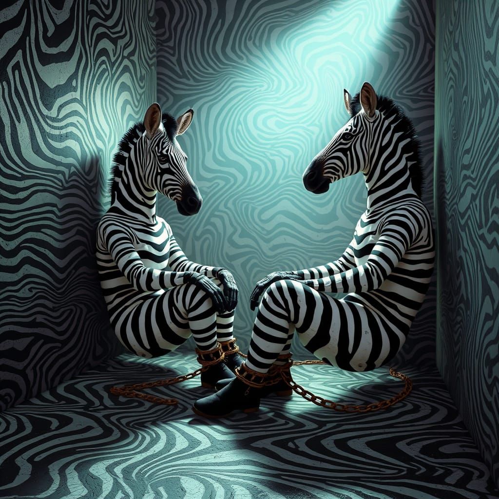 Zebras in Distorted Prison Cell, Surreal Vector Ar... - AI Art