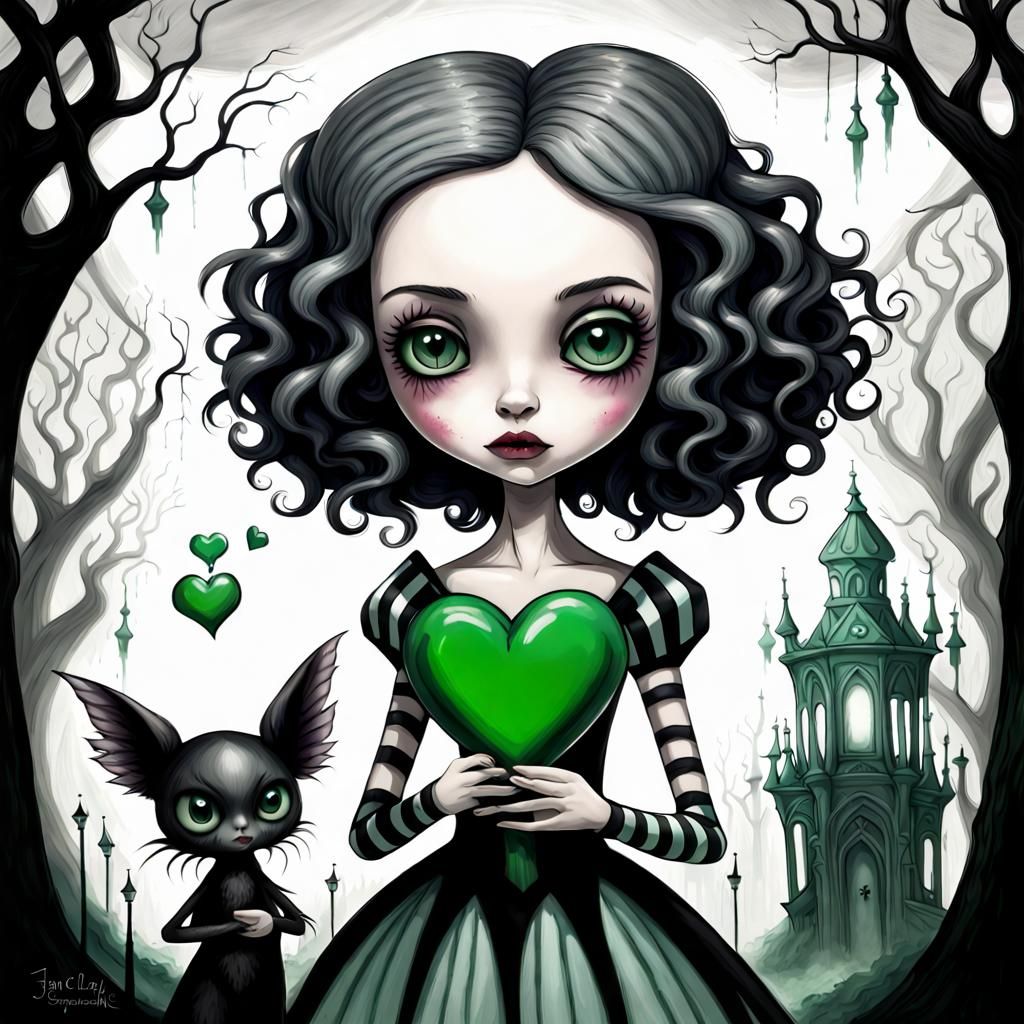 "Grayscale Tim burton inspired creature holding a vivid bleeding green ...