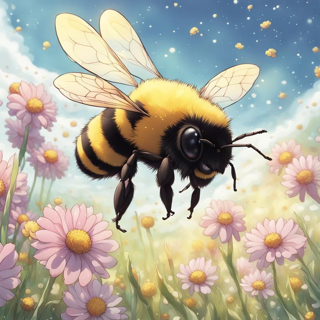 a fuzzy bumblebee streaming a cloud of pollen behind it as it flies ...