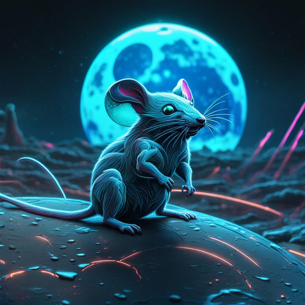 Hologram of neon mouse on translucent moon surface in a dark background ...