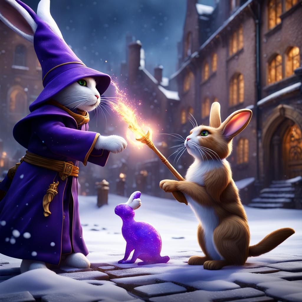 Cat Wizard with a Cat-Rabbit and Rabbit - AI Generated Artwork ...