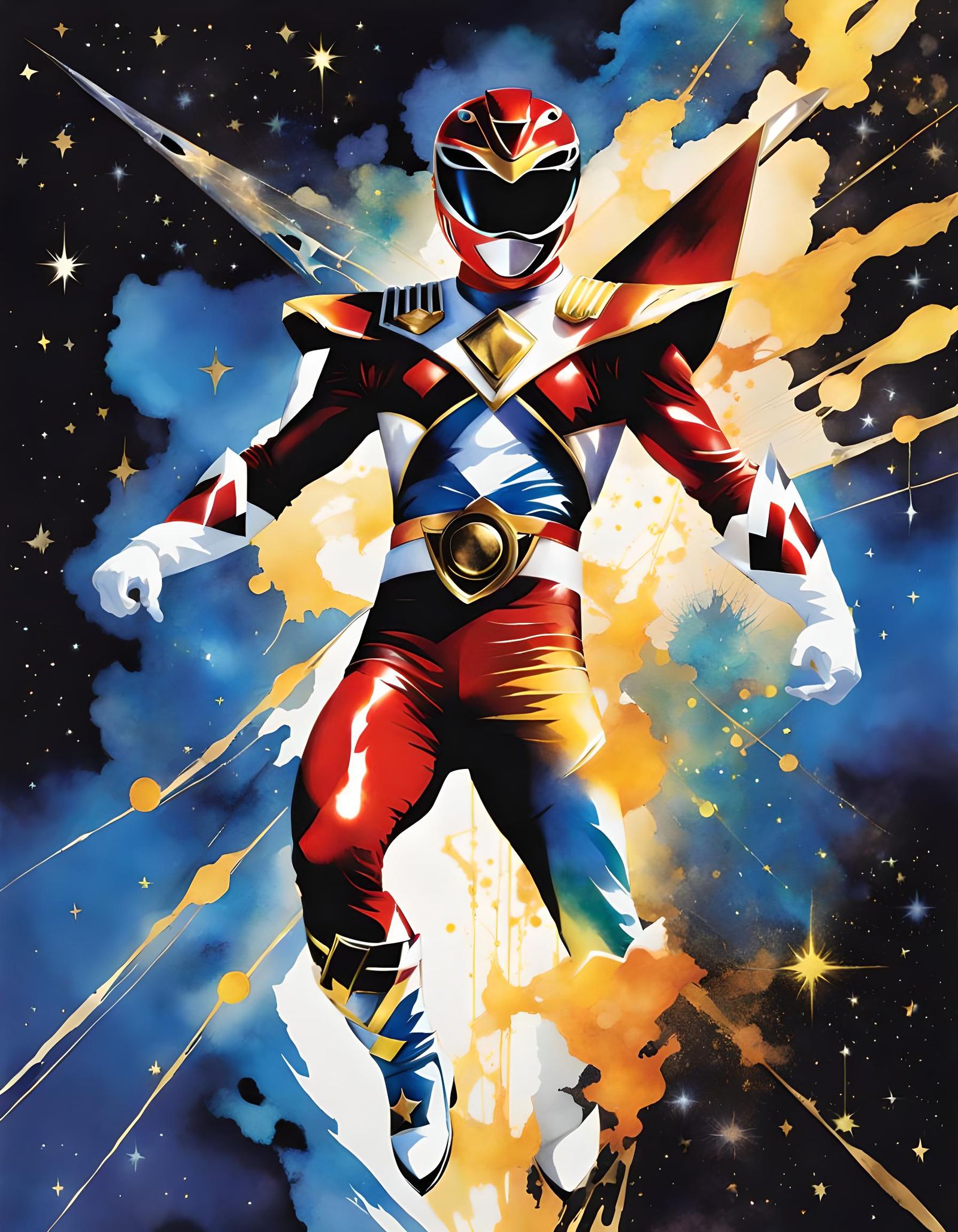 (Double exposure of a (power ranger:1.4) and outer space, silhouette ...