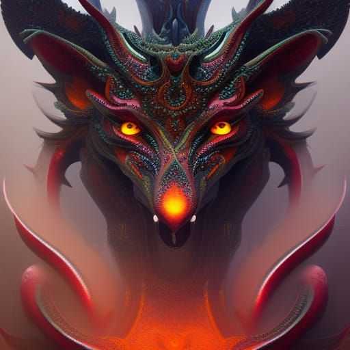 ornate and intricate mythical fox demon| turbulent fluid| fractal ...