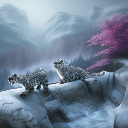 Magical snow leopards in a misty morning atop a beautiful snowy knoll ...